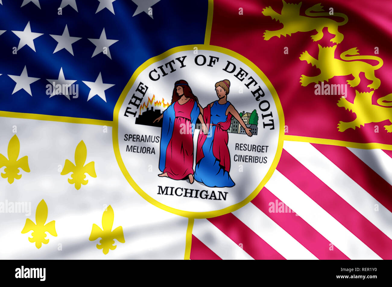 Detroit Michigan stylish waving and closeup flag illustration. Perfect ...