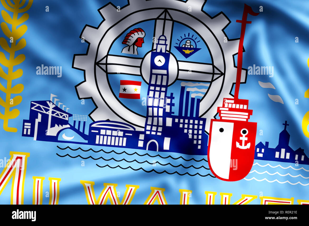 Milwaukee Wisconsin stylish waving and closeup flag illustration ...