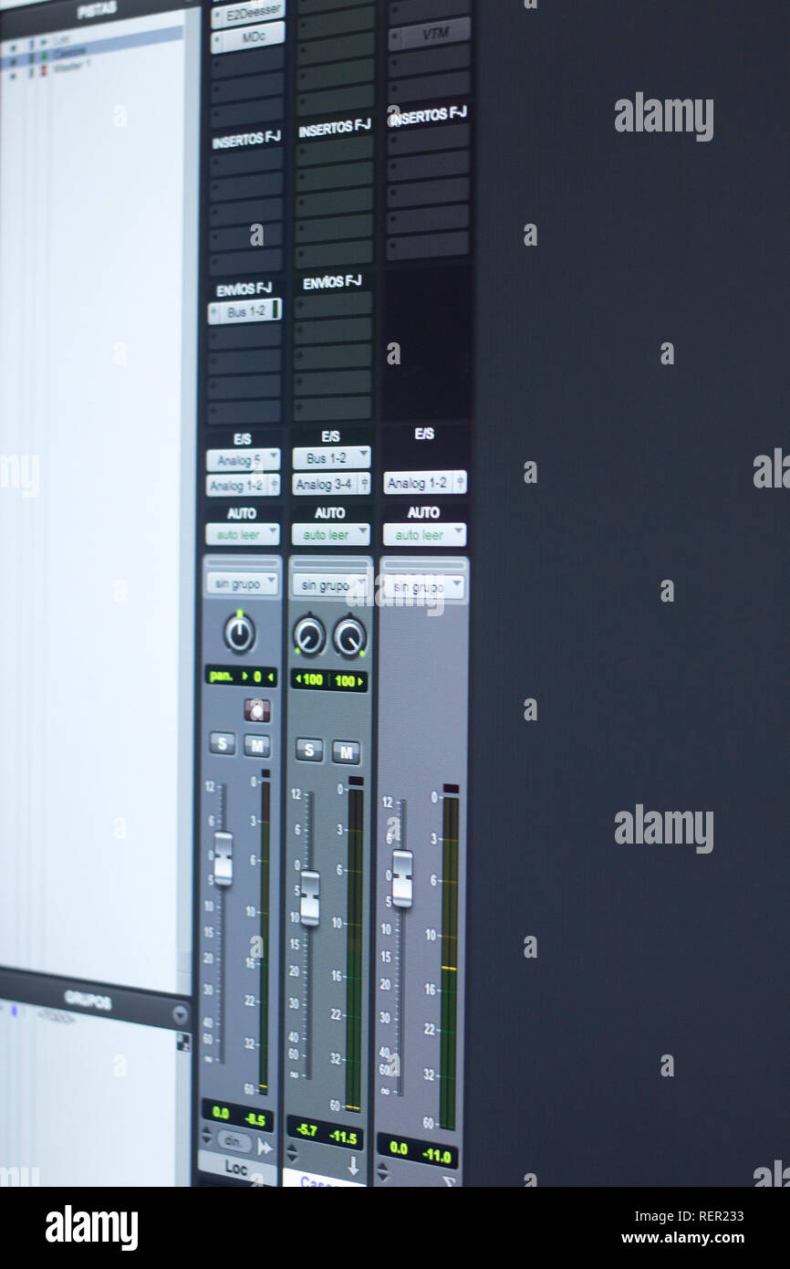 Recording studio audio computer editing mixing program sound controls ...