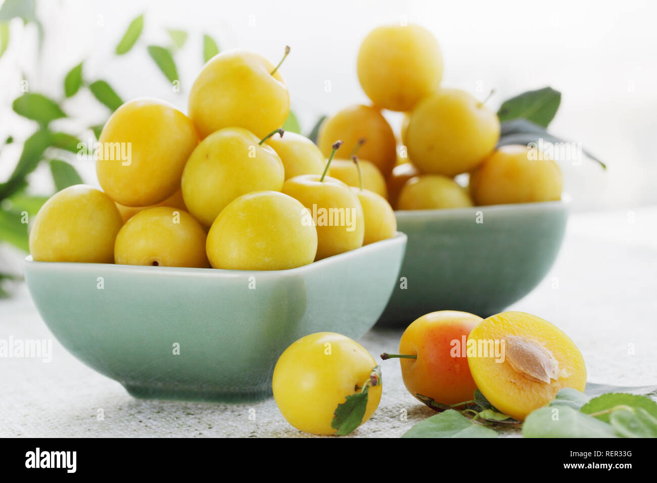 Fresh fragrant yellow plums, summer still life Stock Photo - Alamy