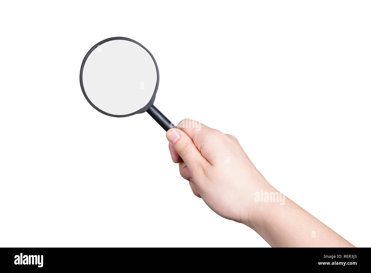 Female hand with a magnifying glass on a white background Stock Photo ...