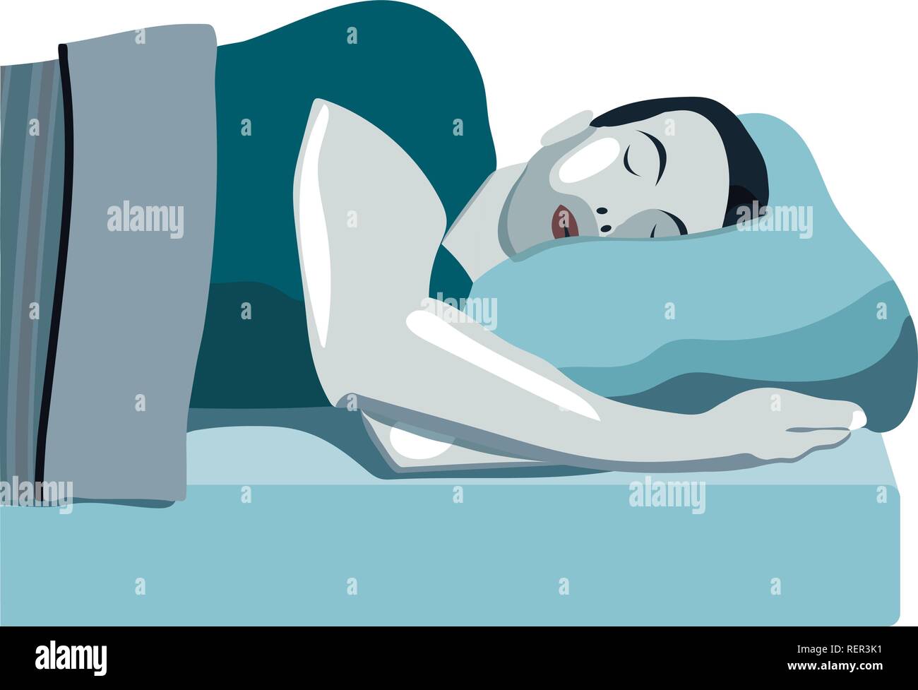 Man sleeping with head on pillow, bed and mattress. Sleep well. Rest ...