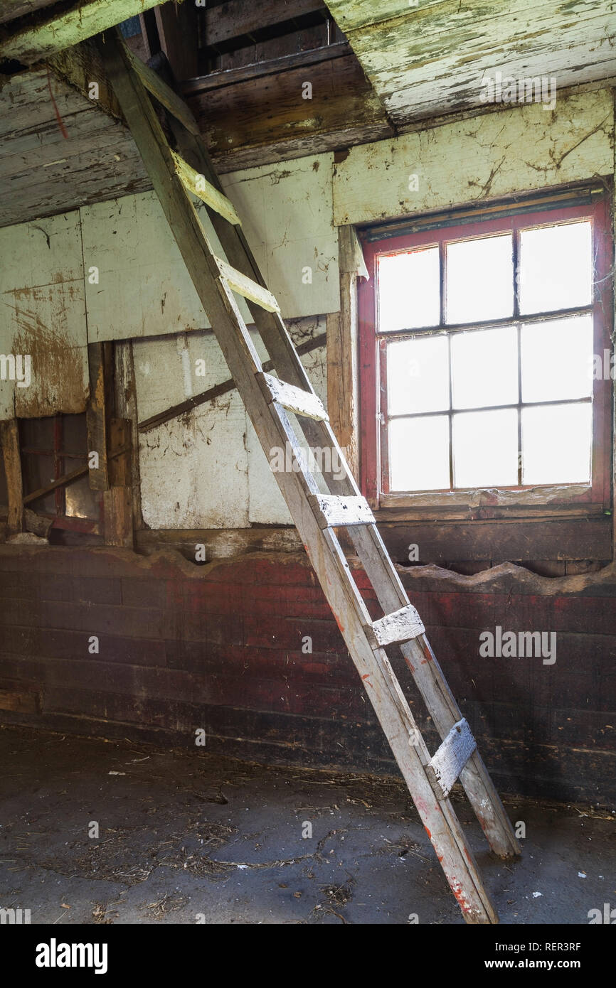 Old grey wooden handmade ladder leading to attic inside an old ...