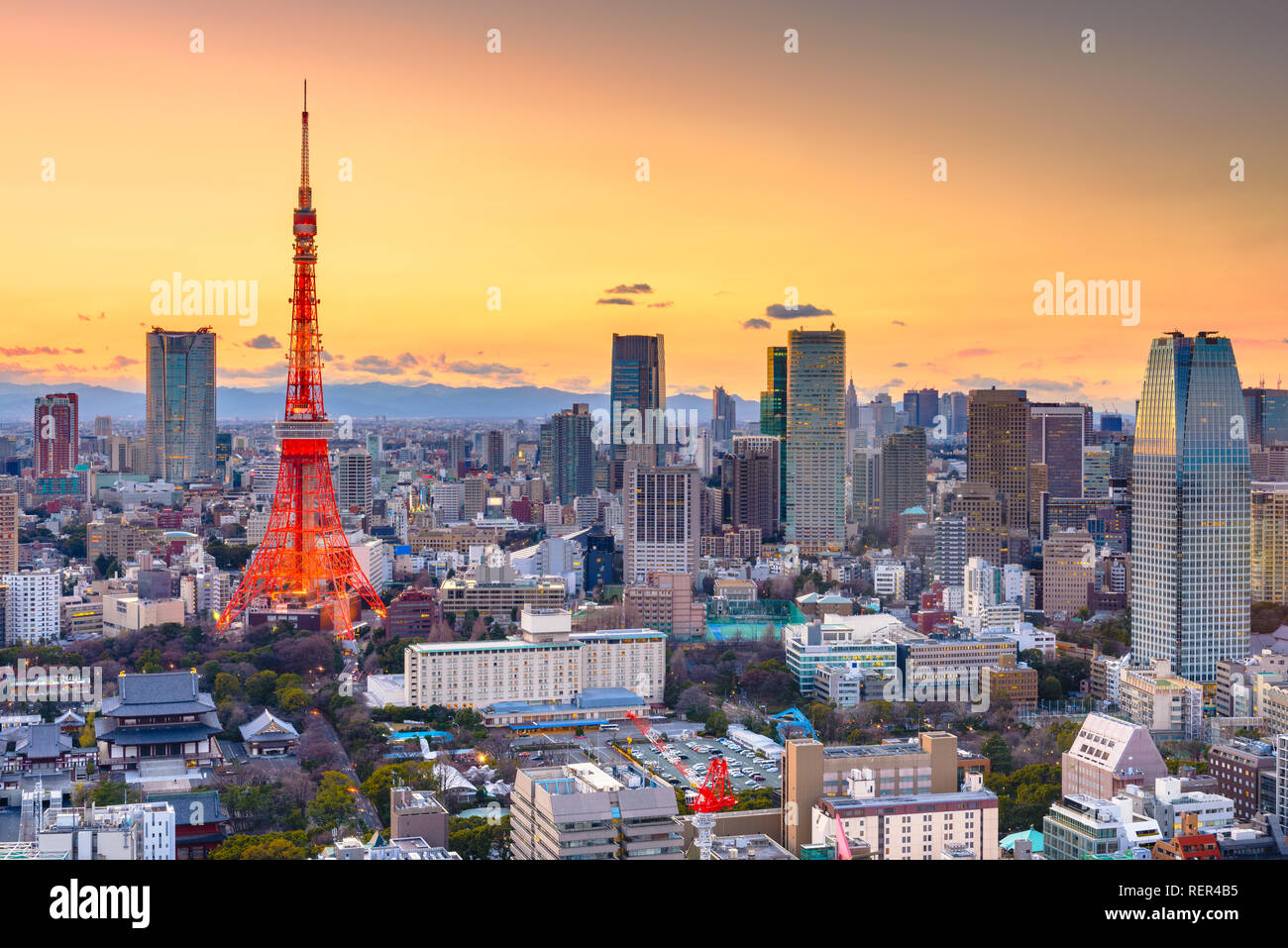 Tokyo, Japan cityscape panorama and tower at sunset with Mt. Fuji ...