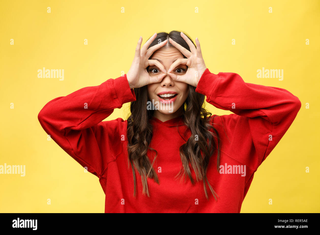 Close up portrait of beautiful joyful Caucasian female smiling ...