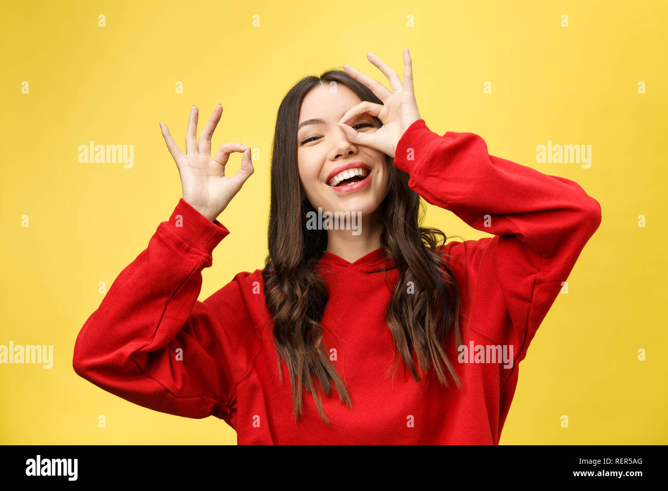 Close up portrait of beautiful joyful Caucasian female smiling ...