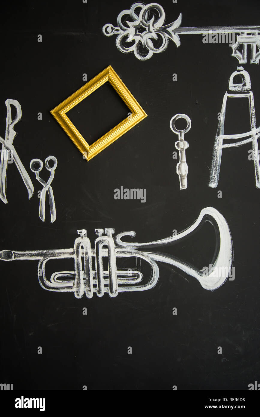 Paintings, musical instruments on a black background Stock Photo - Alamy
