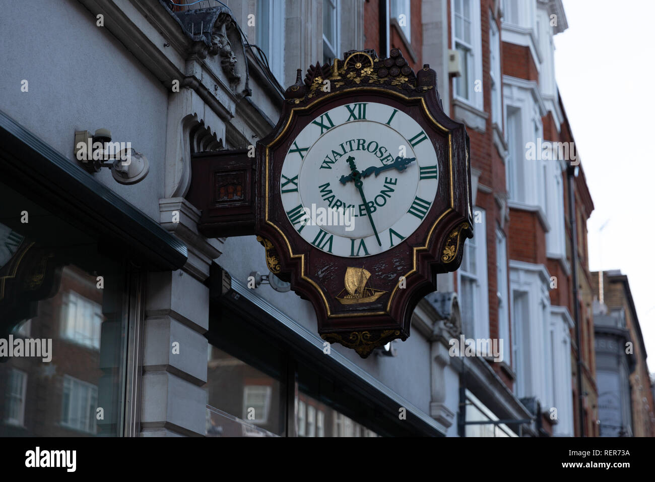 Waitrose Analog Clock, Marylebone High Street, London W1 Stock Photo ...