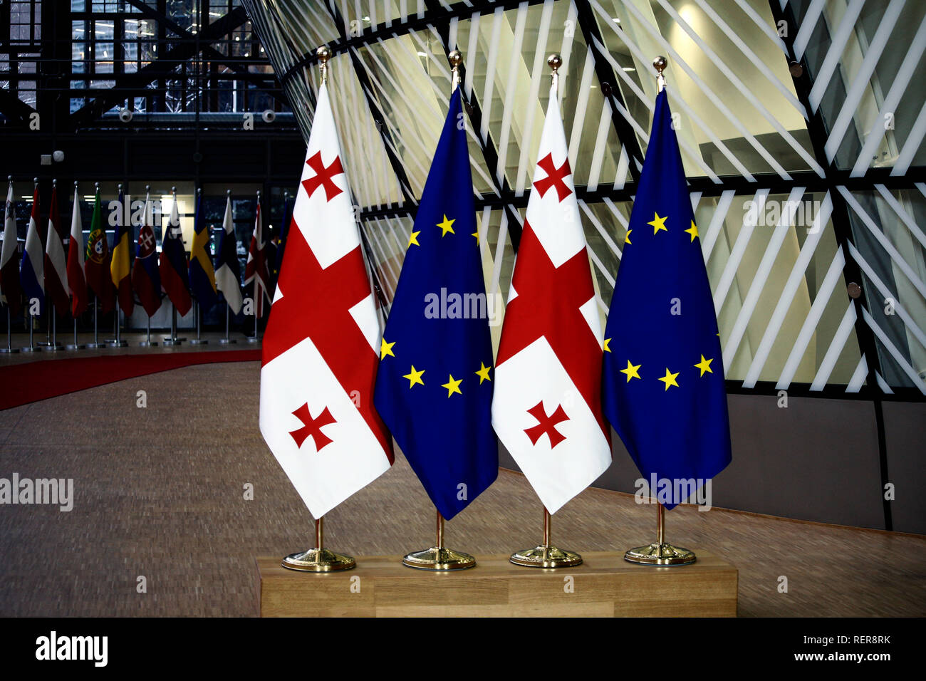 Brussels, Belgium. 22nd January 2019.Flags of Georgia and flags of EU ...