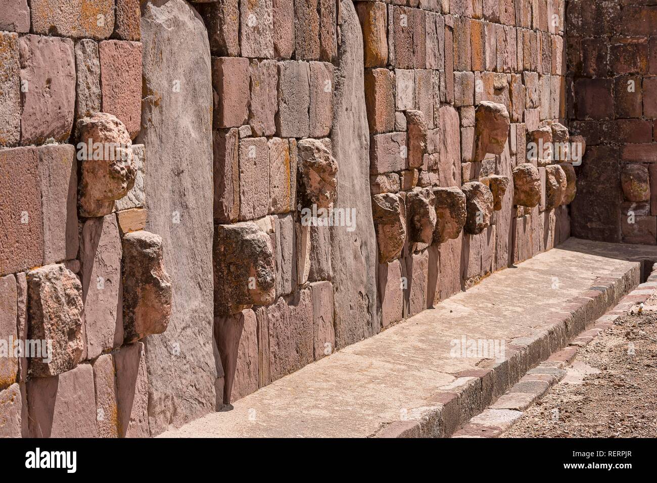 Stone heads in wall of Kalasasaya temple (place of standing stones ...