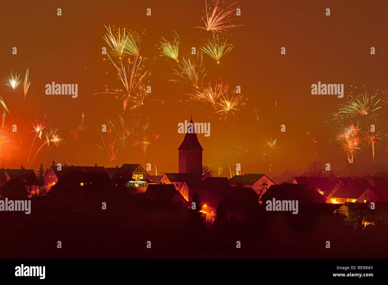 New Year's Eve fireworks, Korb im Remstal, Rems-Murr district, Baden ...