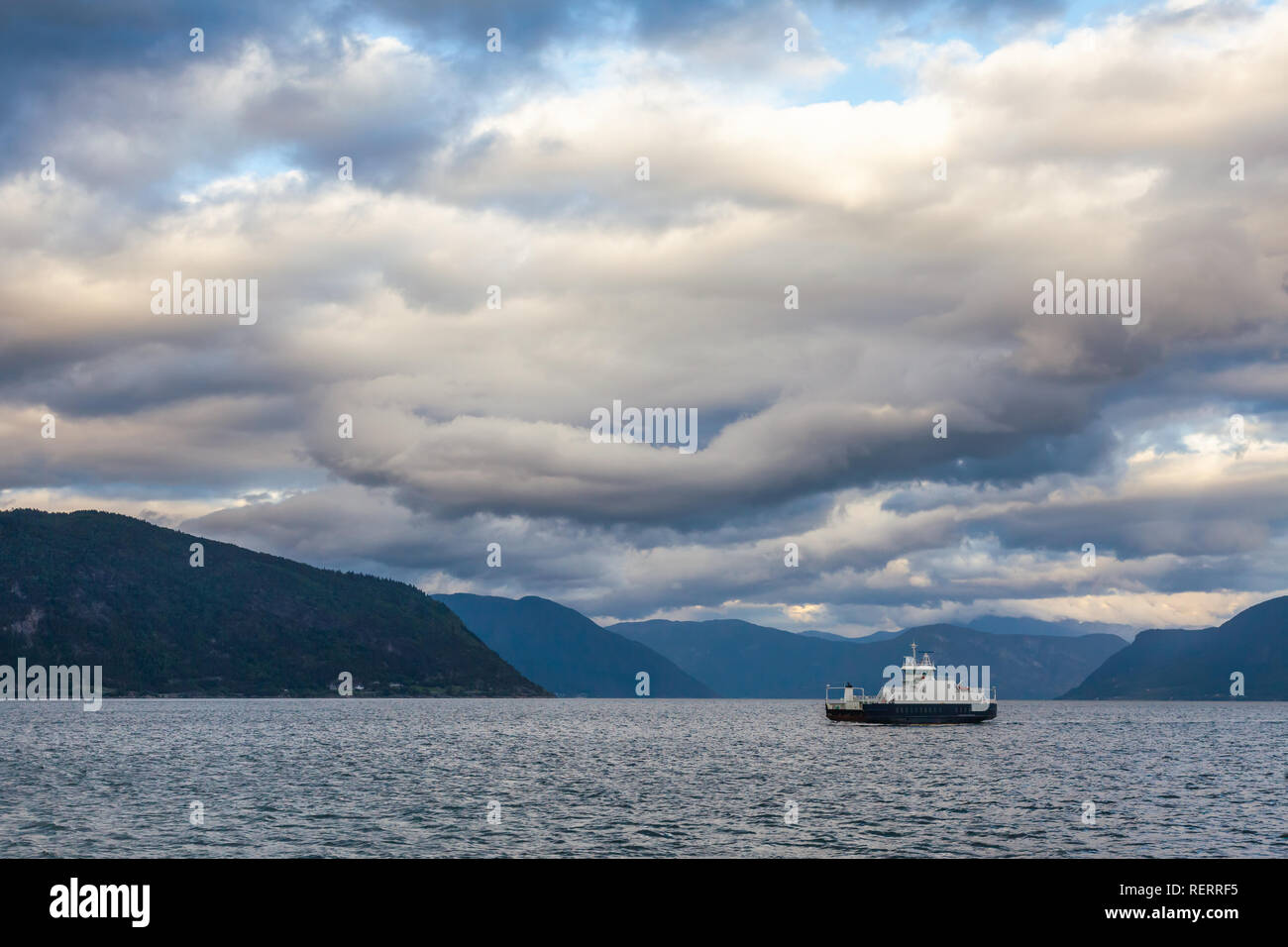 Ferry crossing Sognefjord, the largest and deepest fjord in Norway. Vik ...