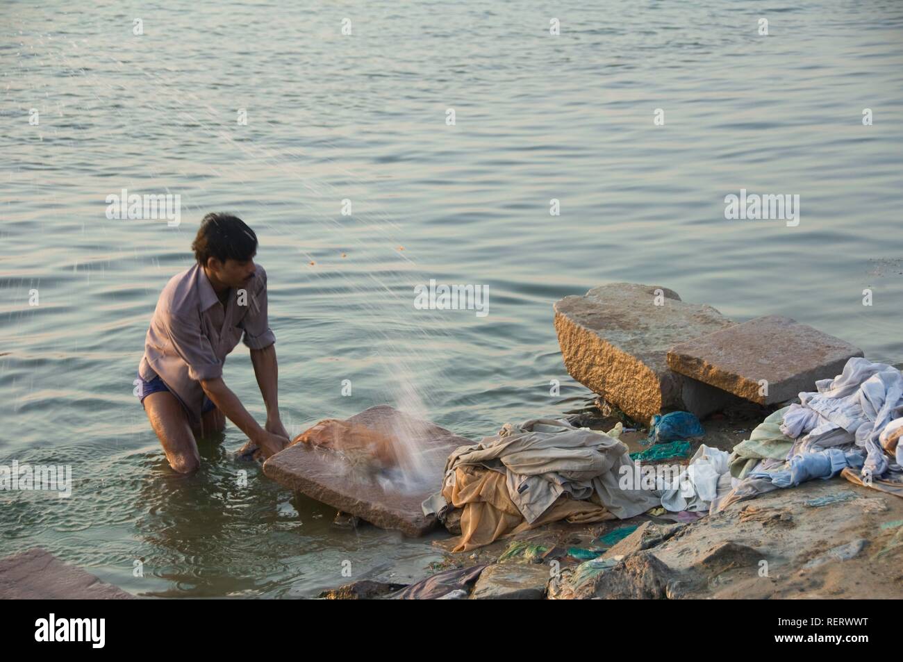 Indian man washing clothes in the Ganges, Varanasi, Benares, Uttar ...