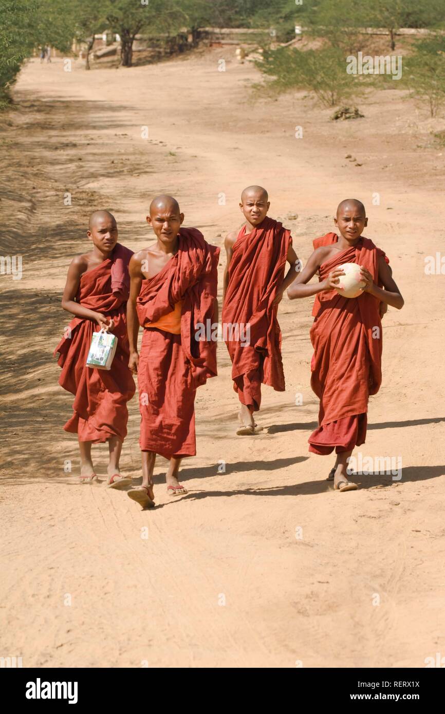 Group of young monks with a football, Bagan, Burma, Myanmar, Southeast ...