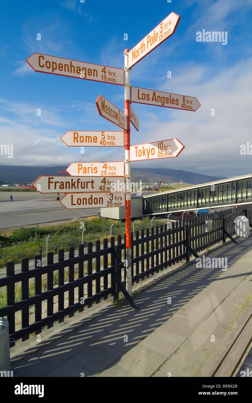 Direction signpost at Kangerlussuaq airport, Greenland, Denmark Stock ...