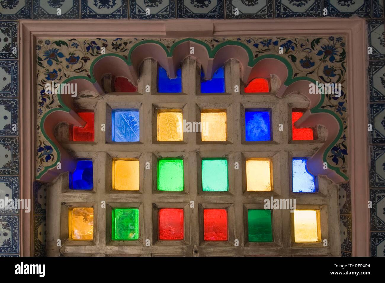 Coloured glass windows, City Palace, Udaipur, Rajasthan, India, South ...