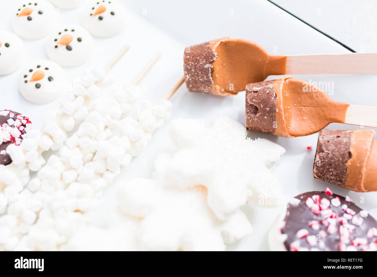 Close up view. Variety of marshmallow toppings with peppermint and ...