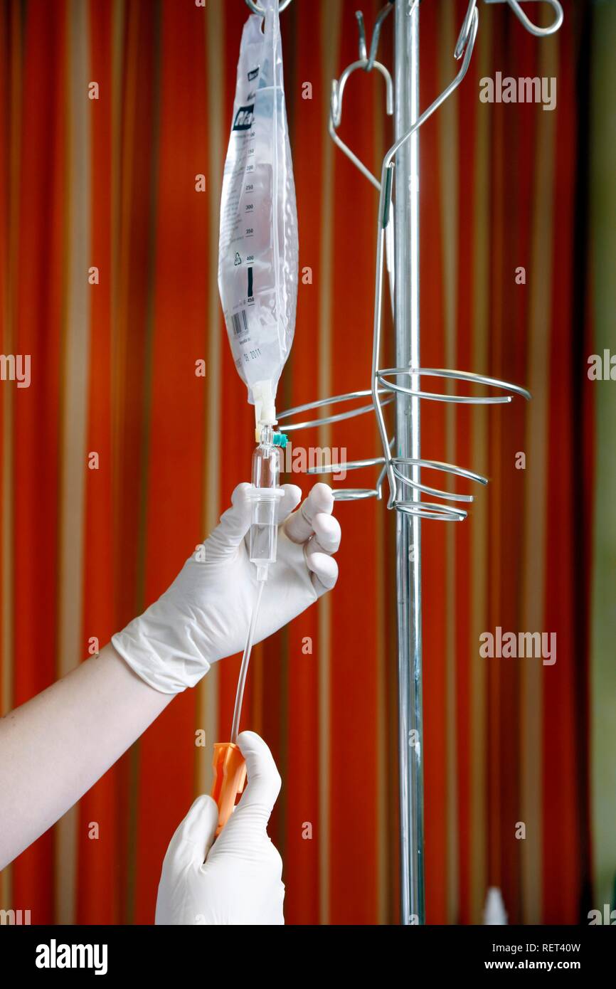Nurse in a hospital setting up an infusion for a patient Stock Photo ...
