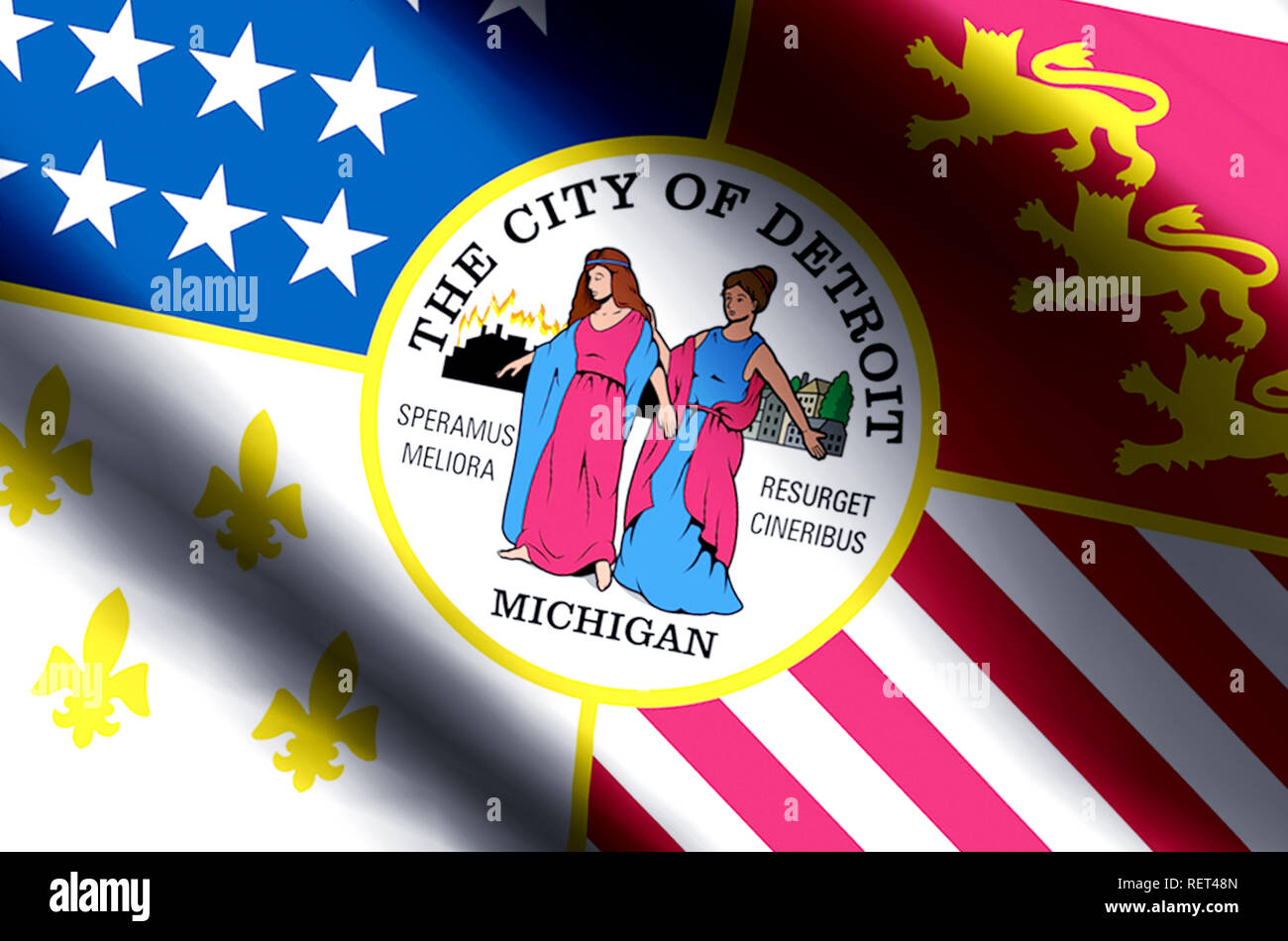 Detroit Michigan stylish waving and closeup flag illustration. Perfect ...