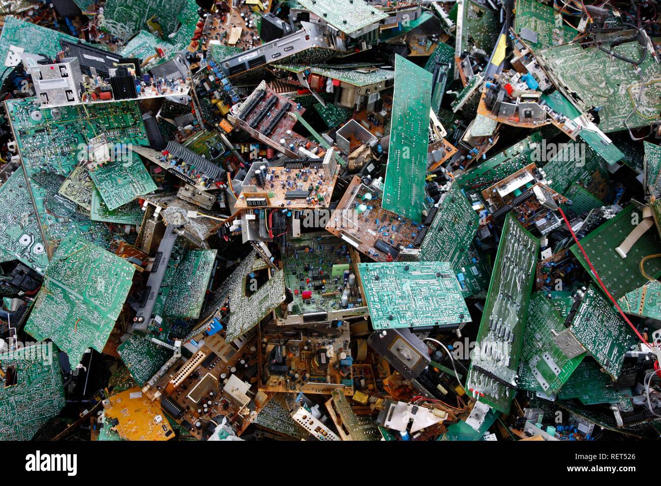 Electronic scrap, sorted used computer parts from discarded computers ...