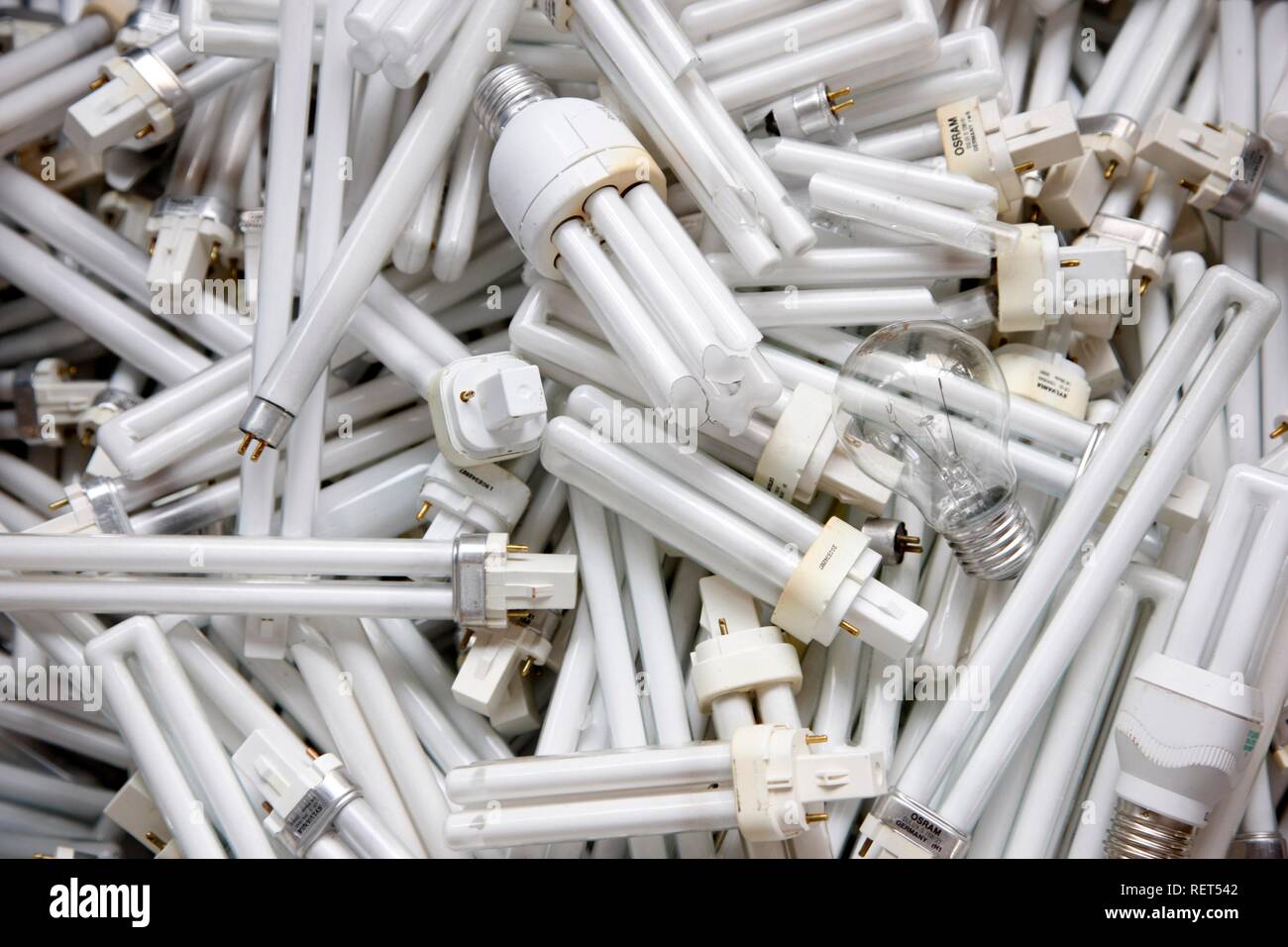 Damaged and discarded fluorescent low-energy lamp tubes for disposal at ...