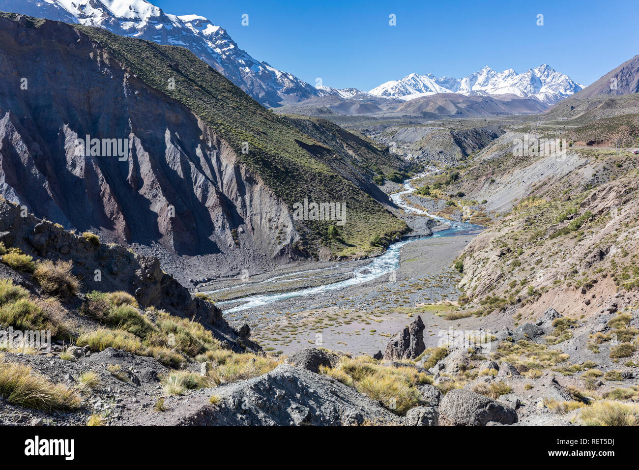 Andes valleys inside central Chile at Cajon del Maipo. Amazing rugged ...