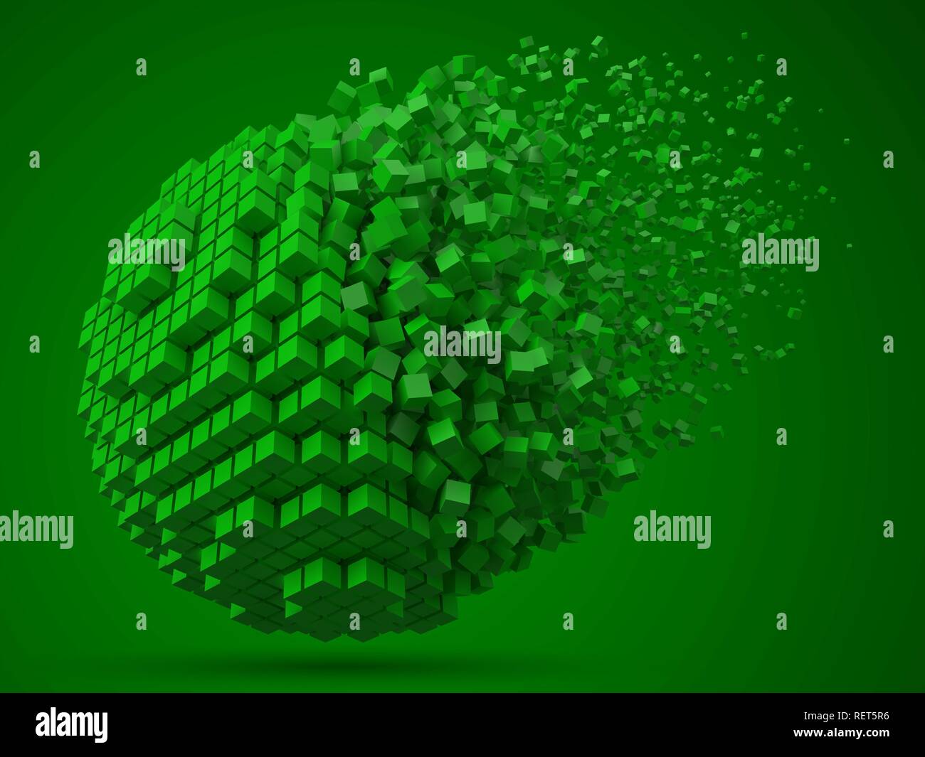 dissolving spherical data block. made with green cubes. 3d pixel style ...