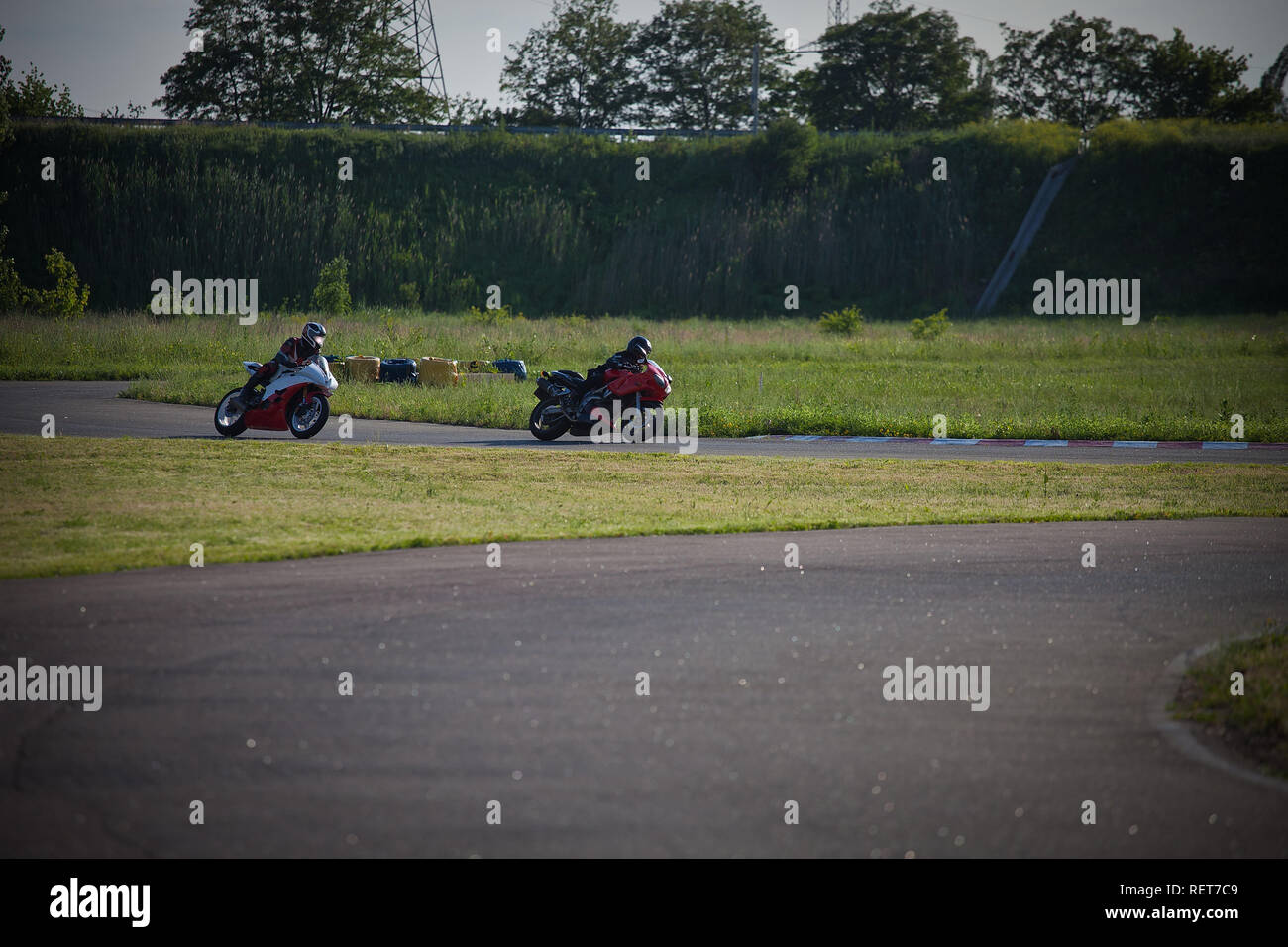 Race between two motorcycle athletes. Motorcycle sport. FIM Road Racing ...