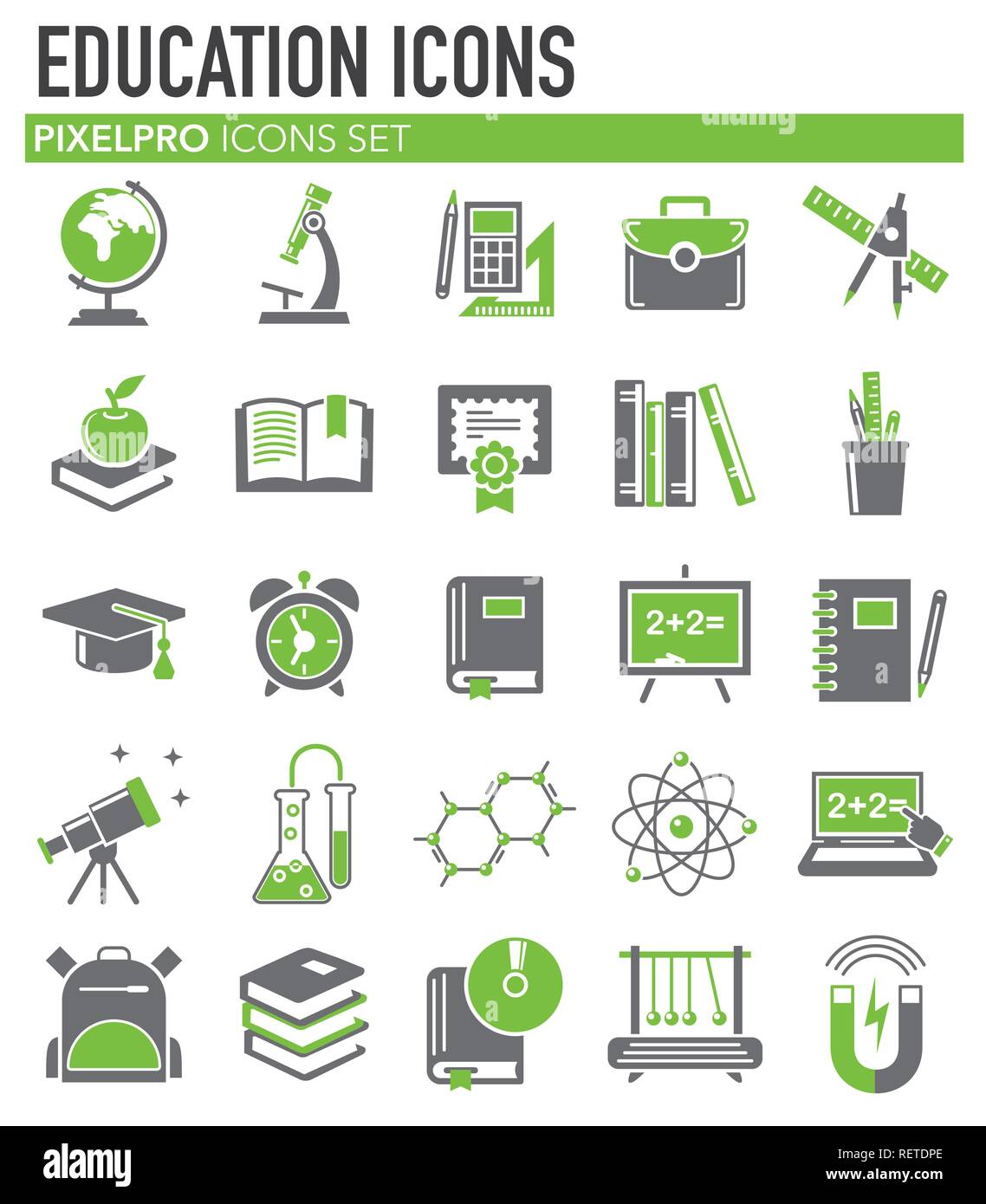 Education grey green icons set on white background for graphic and web ...