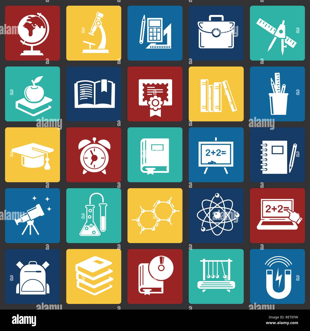 Education icons set on color squares background for graphic and web ...