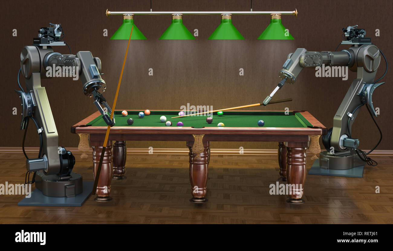 Robot arms play billiards, 3D rendering Stock Photo - Alamy