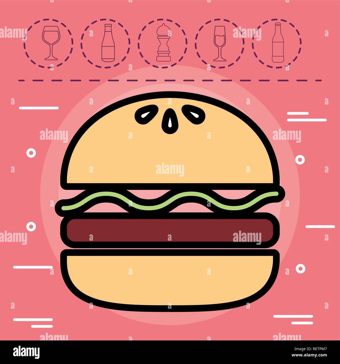 Hamburger with drinks related icons over pink background, vector ...