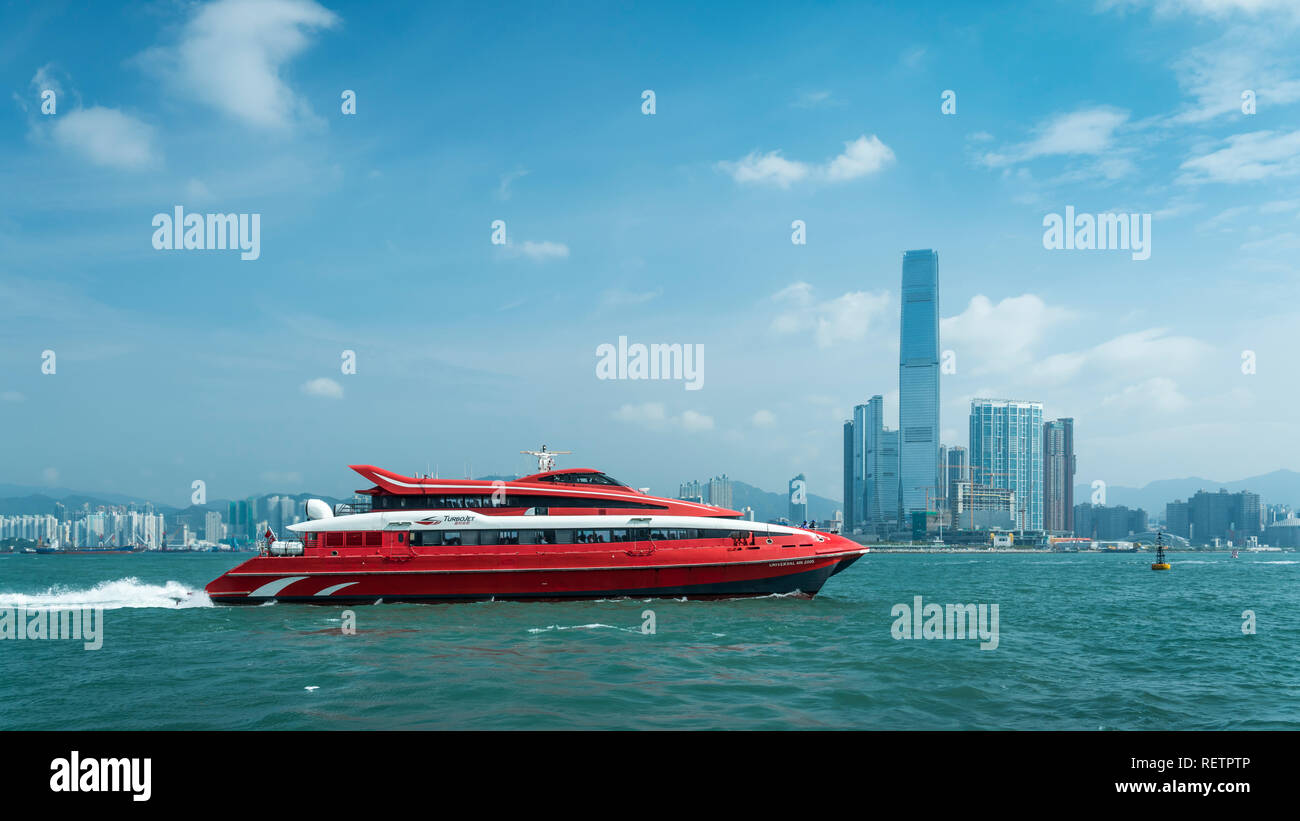 Turbo Jet Macau ferry boat traffic in Victoria Harbor, Hong Kong, China ...