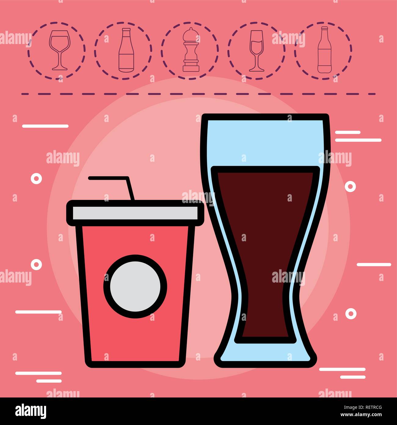 soft drink and drink glass over red background, colorful design. vector ...