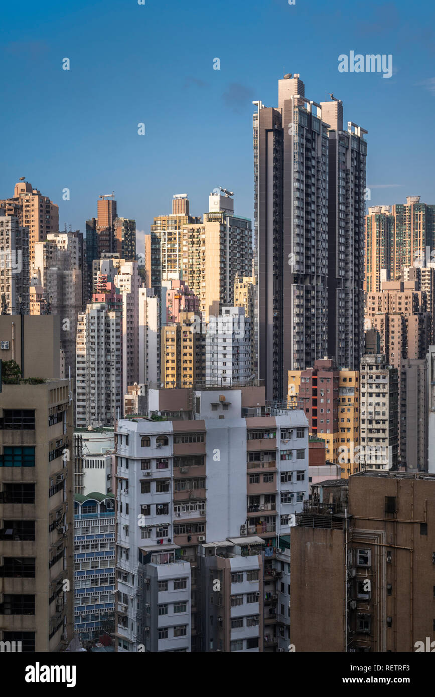 A concrete jungle of tall buildings on the island of Hong Kong, China ...