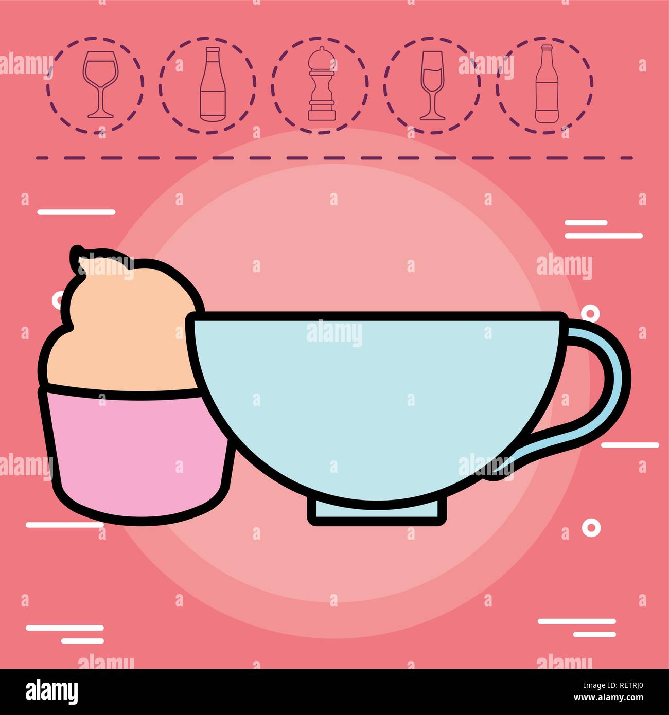 coffee mug and muffin over red background, colorful design. vector ...