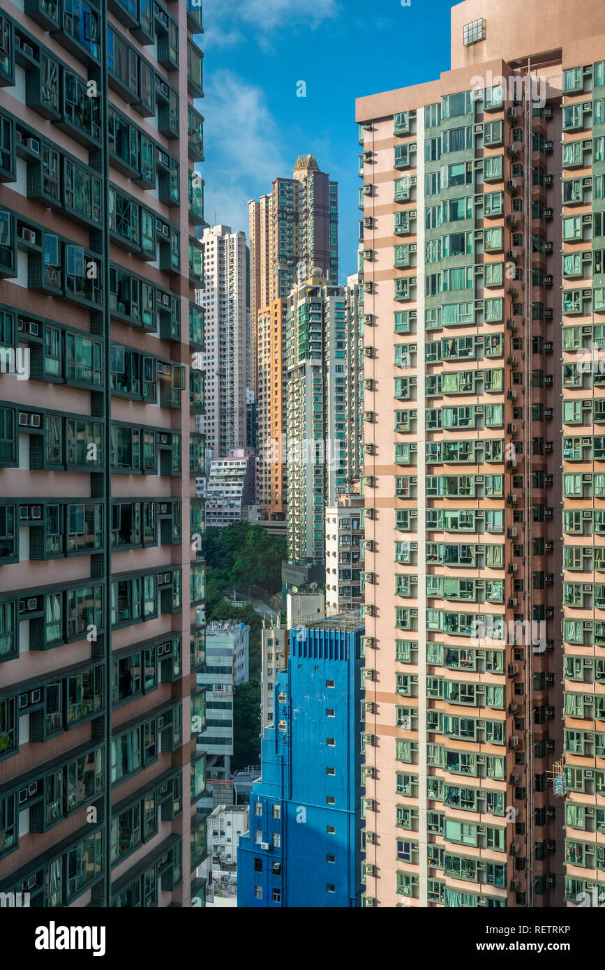 A concrete jungle of tall buildings on the island of Hong Kong, China ...