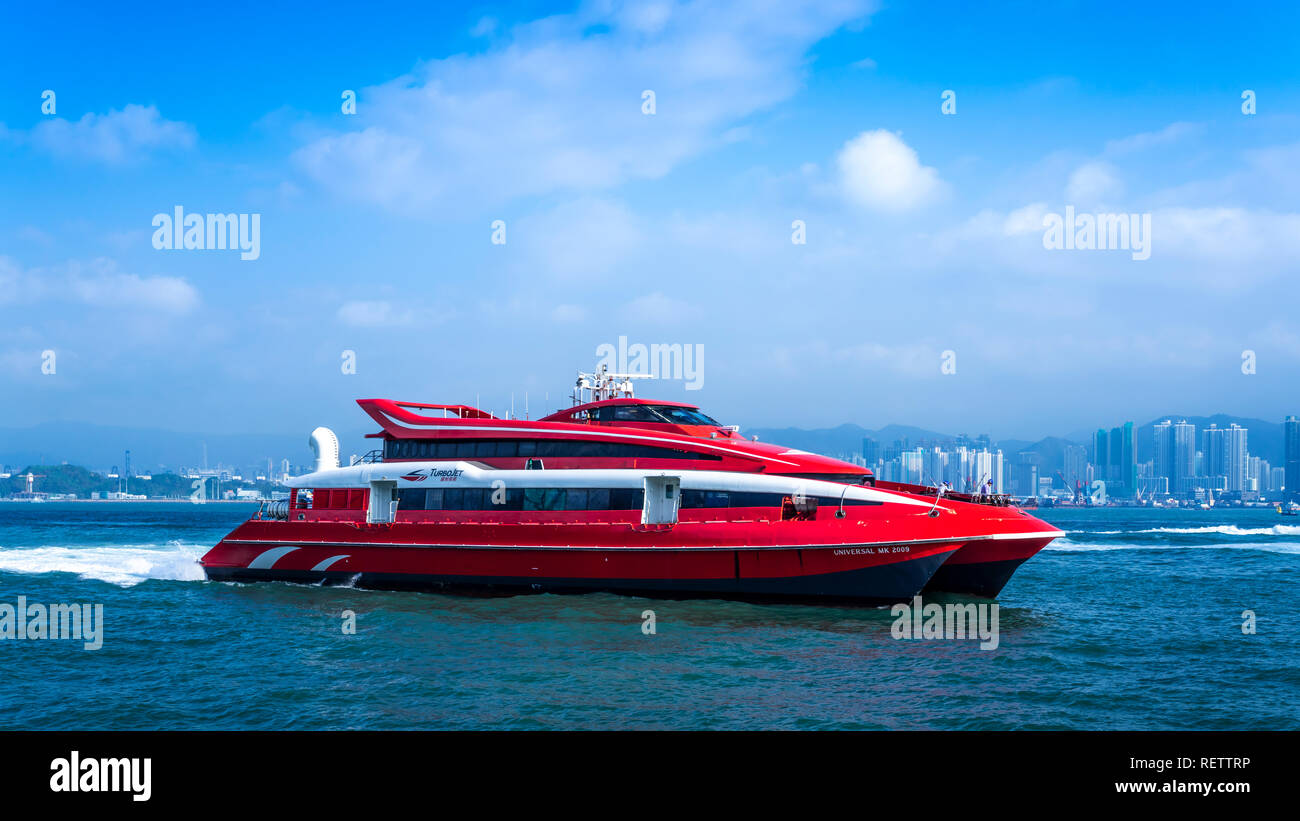 Turbo Jet Macau ferry boat traffic in Victoria Harbor, Hong Kong, China ...