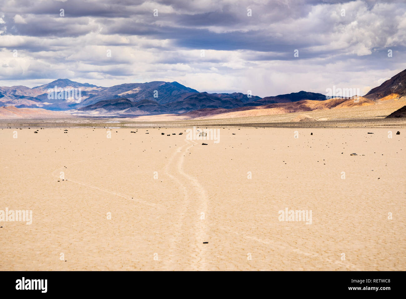 Moving rocks and their tracks at the Racetrack Playa; mountains and ...