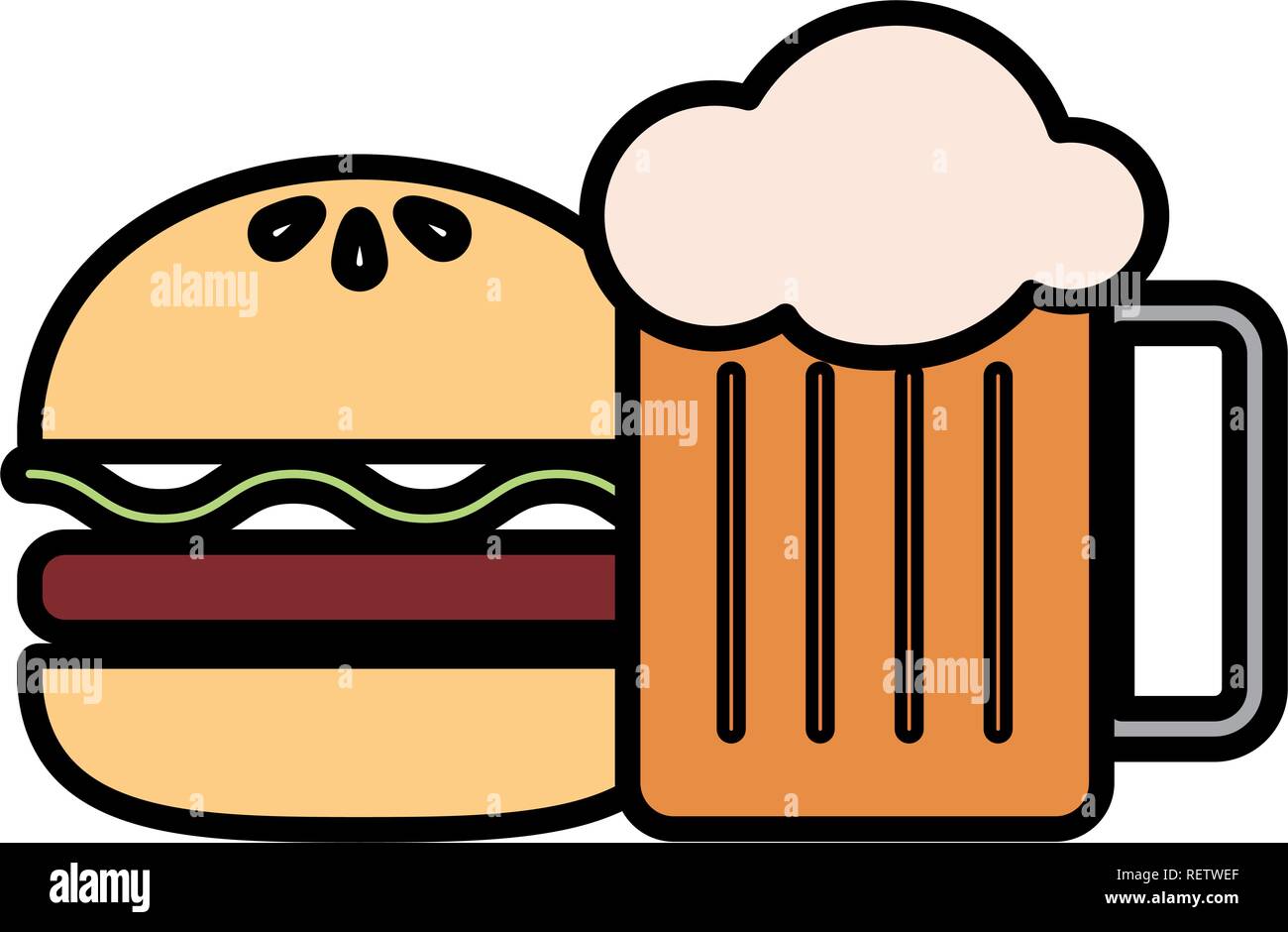 Hamburger and beer jar over white background, vector illustration Stock ...