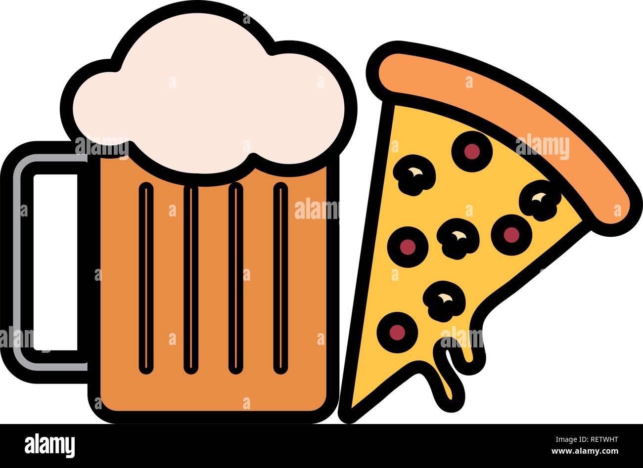 Beer jar and pizza slice over white background, vector illustration ...