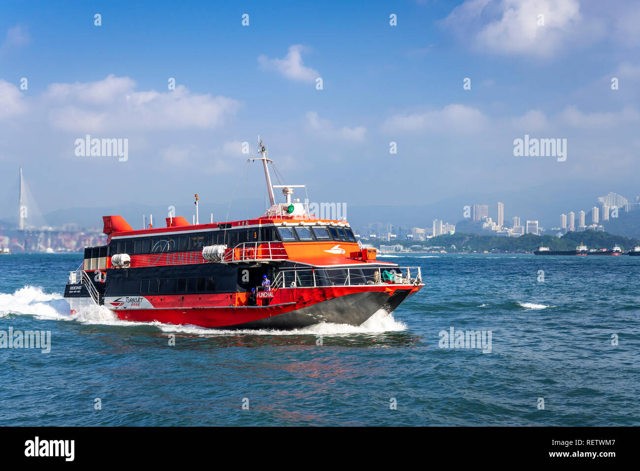 Turbo Jet Macau ferry boat traffic in Victoria Harbor, Hong Kong, China ...
