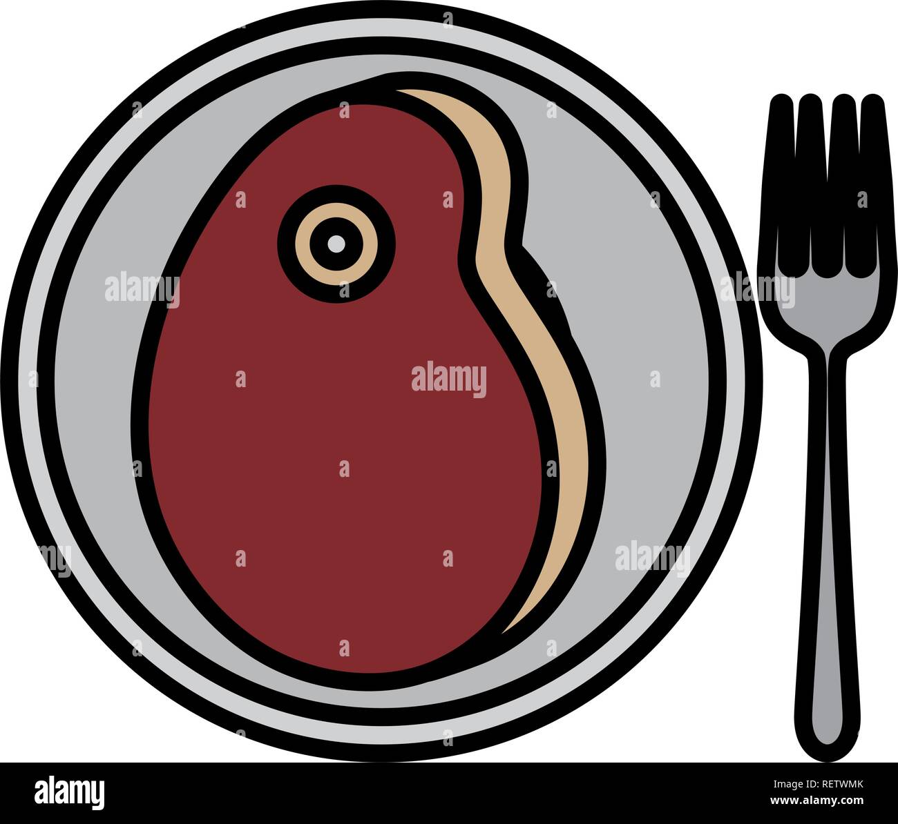 fork and plate with steak of meat over white background, colorful ...