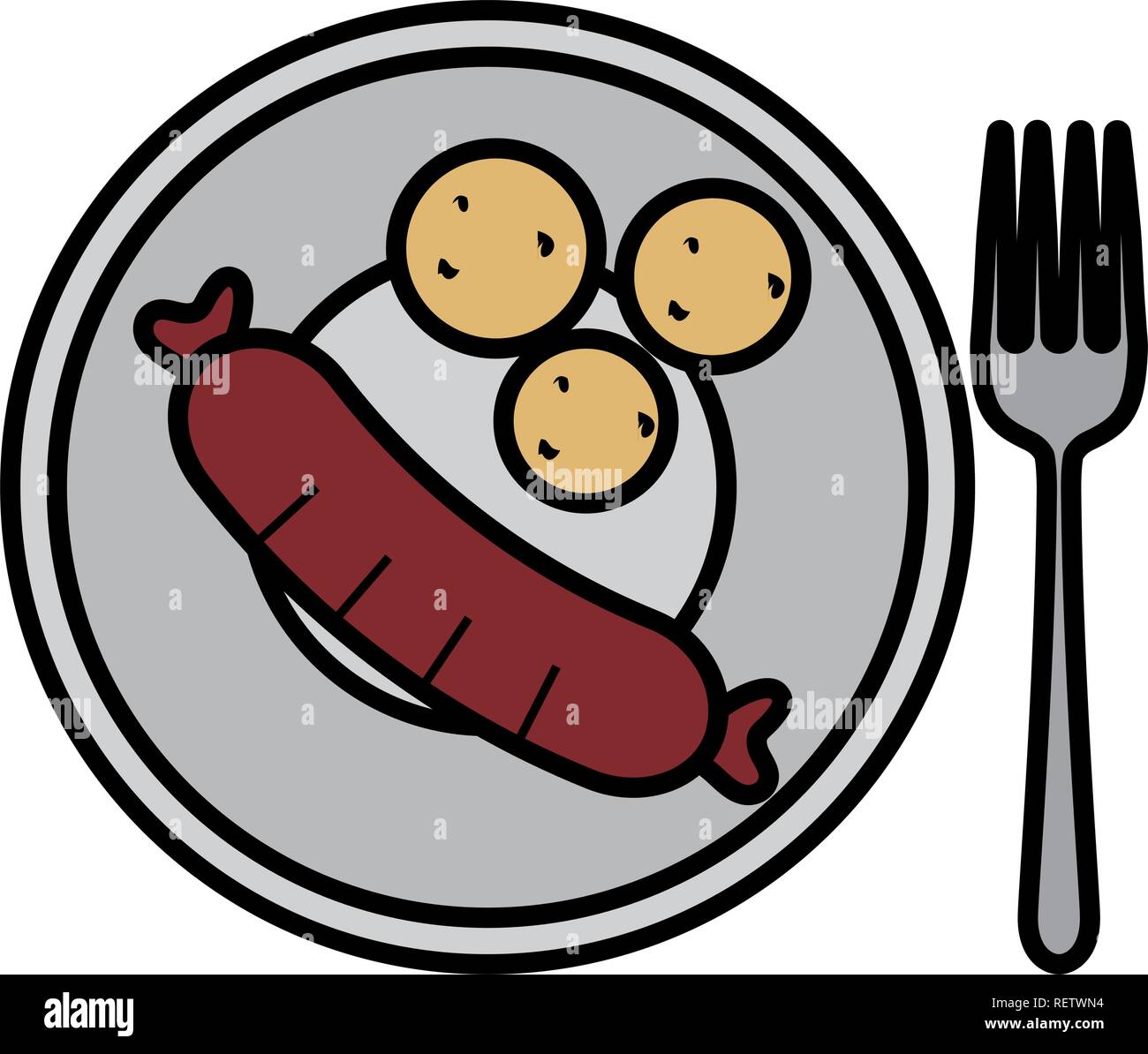 plate with sausage and potatoes icon over white background, vector ...