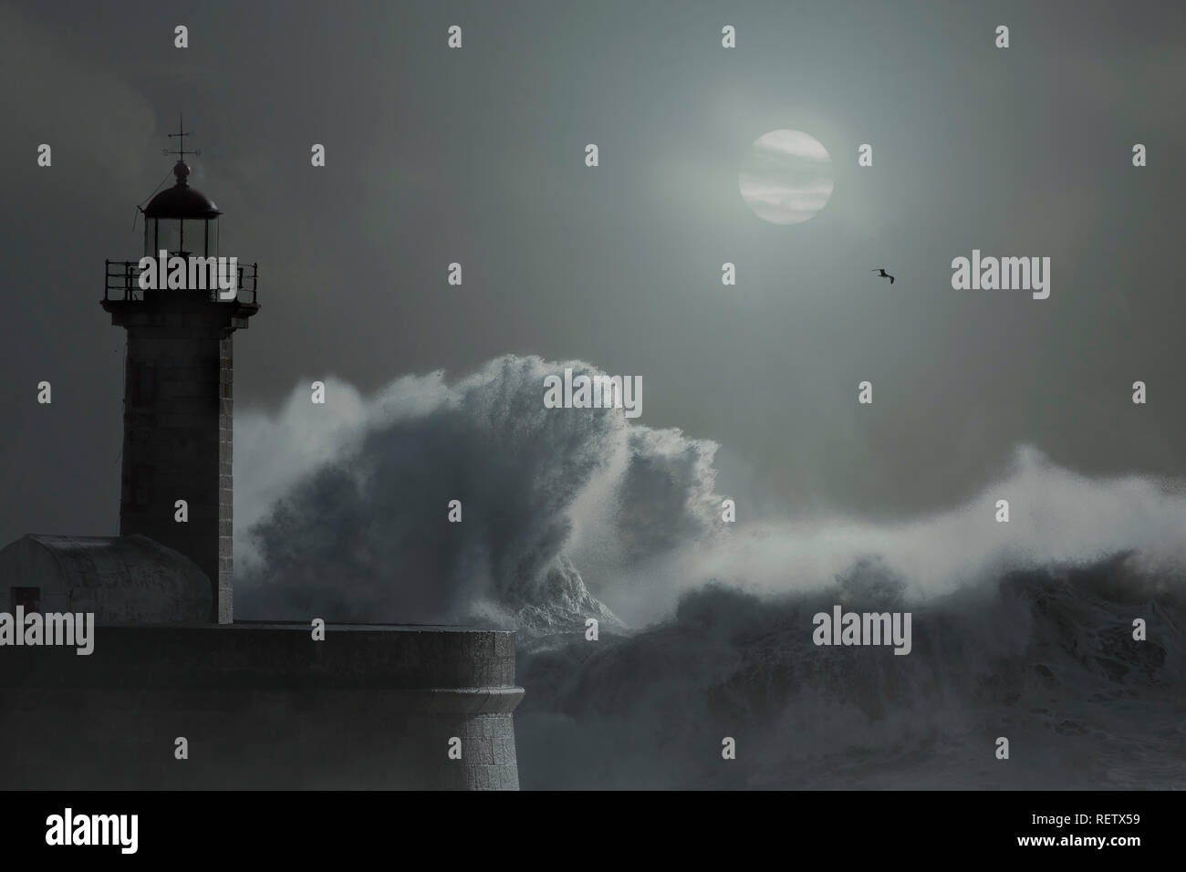 Old lighthouse in a foggy full moon night Stock Photo - Alamy