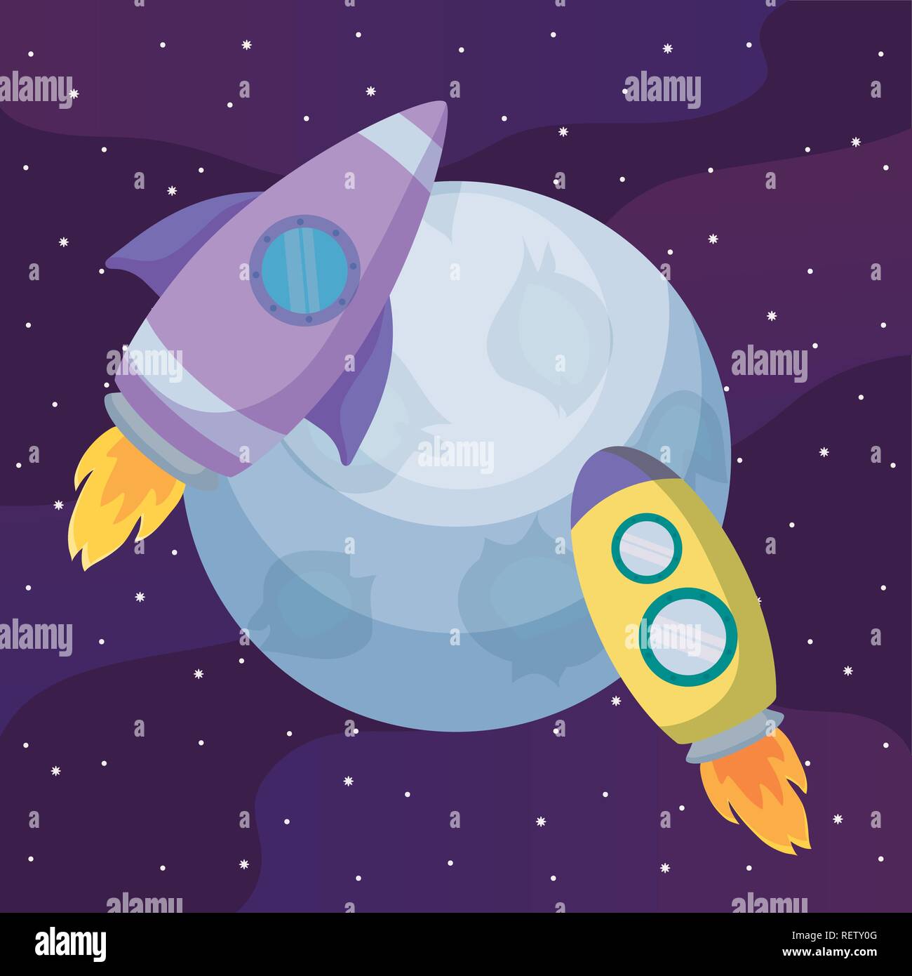 Rockets around a planet over space background, colorful design. vector ...