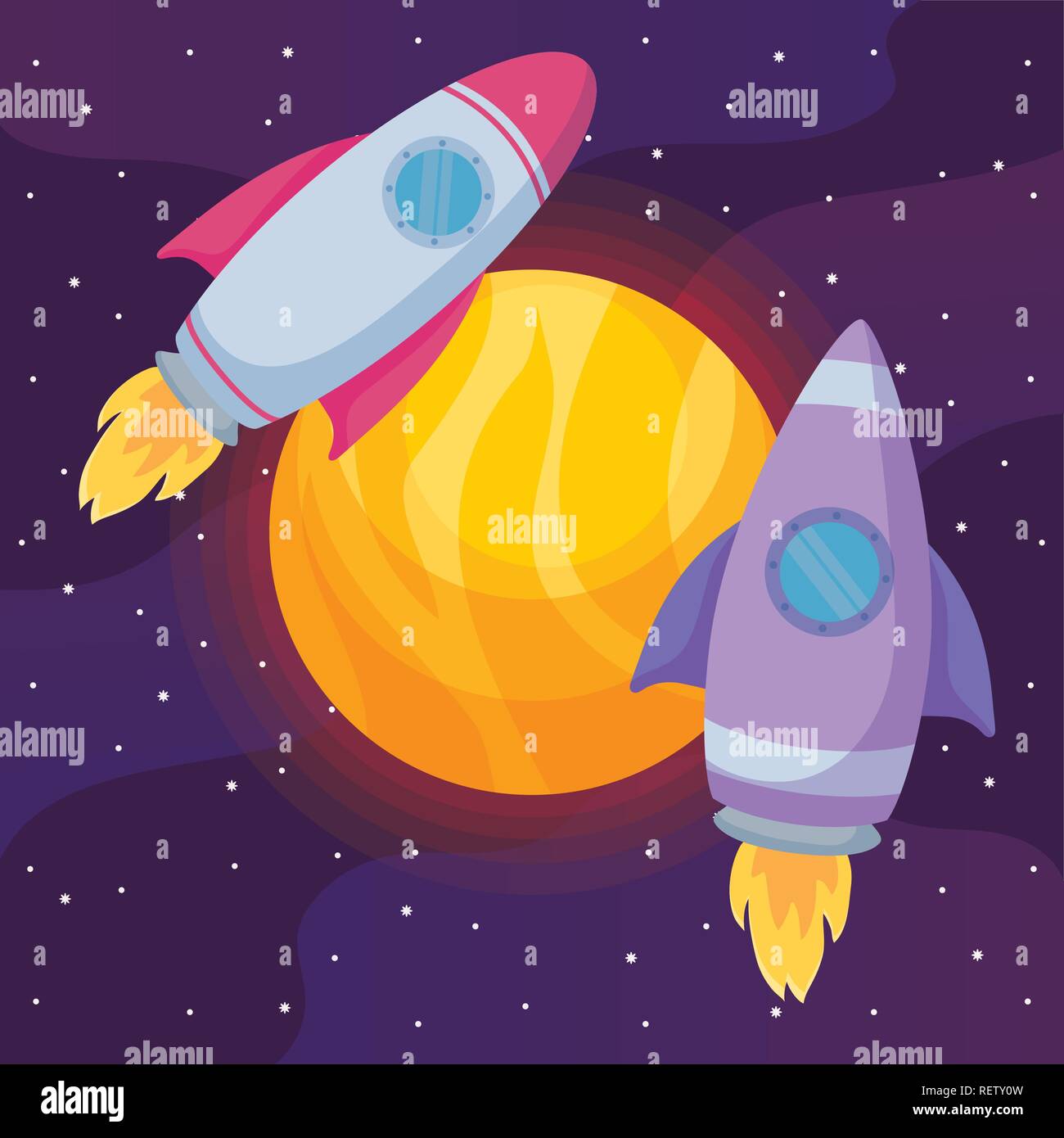 Rocket spaceships around a planet over space background, colorful ...