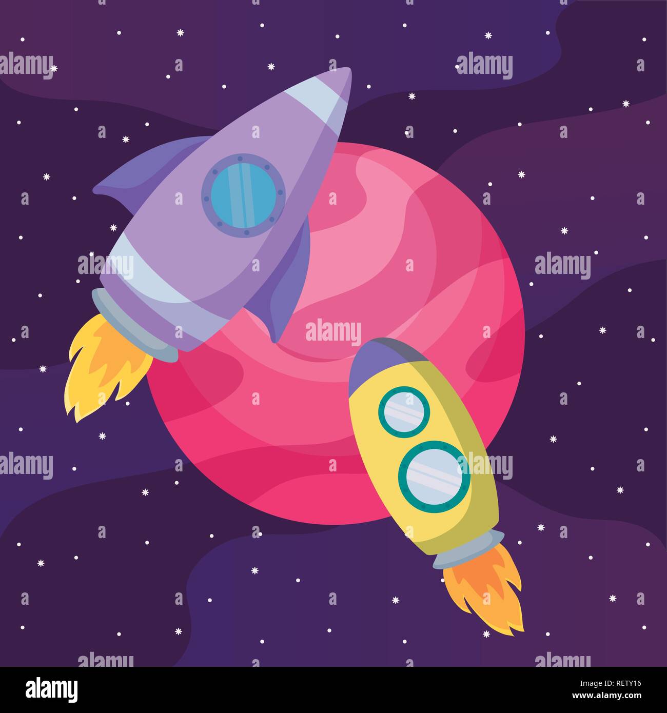 Rocket spaceships around a planet over space background, colorful ...