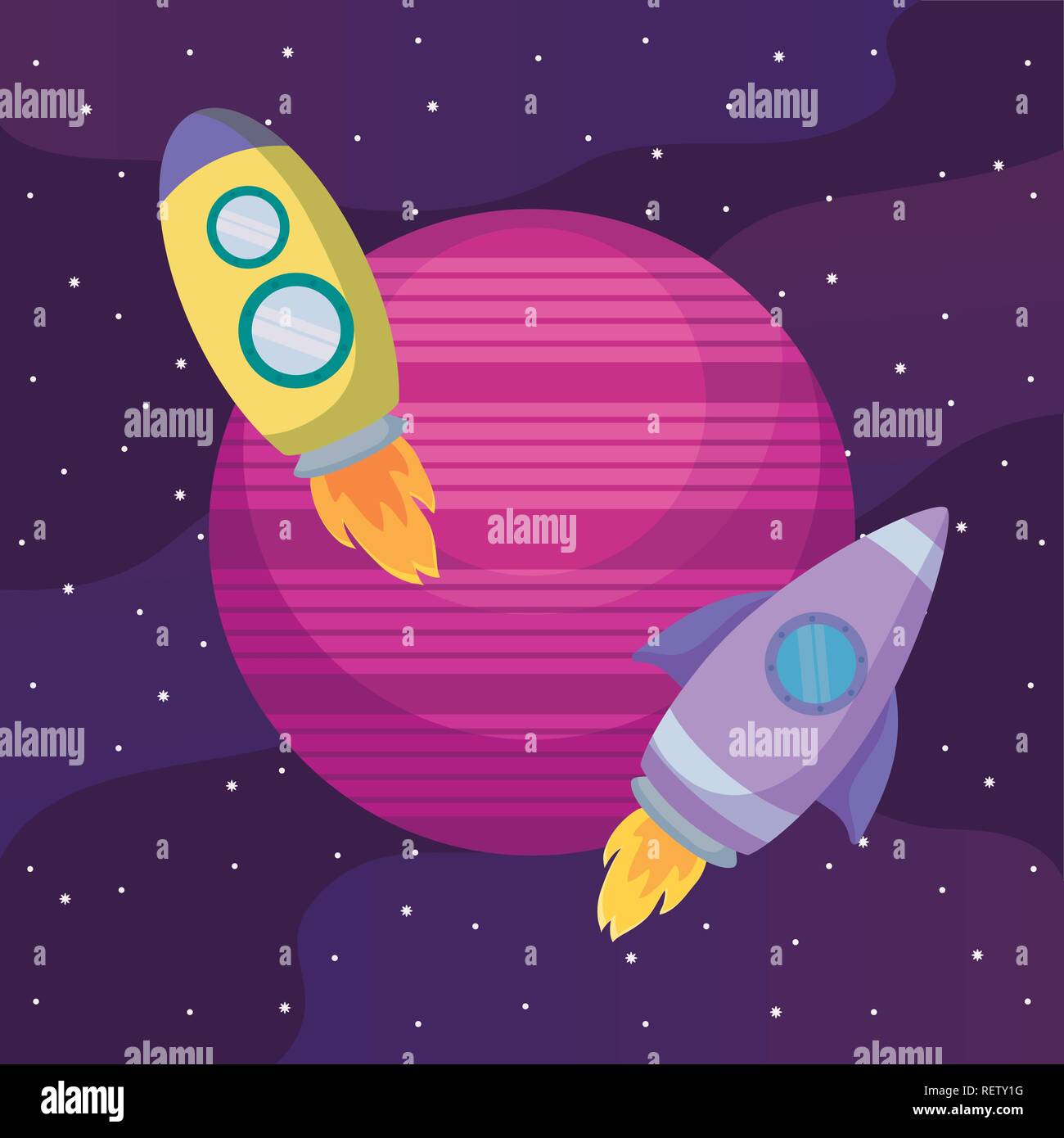 Rockets around a planet over space background, colorful design. vector ...