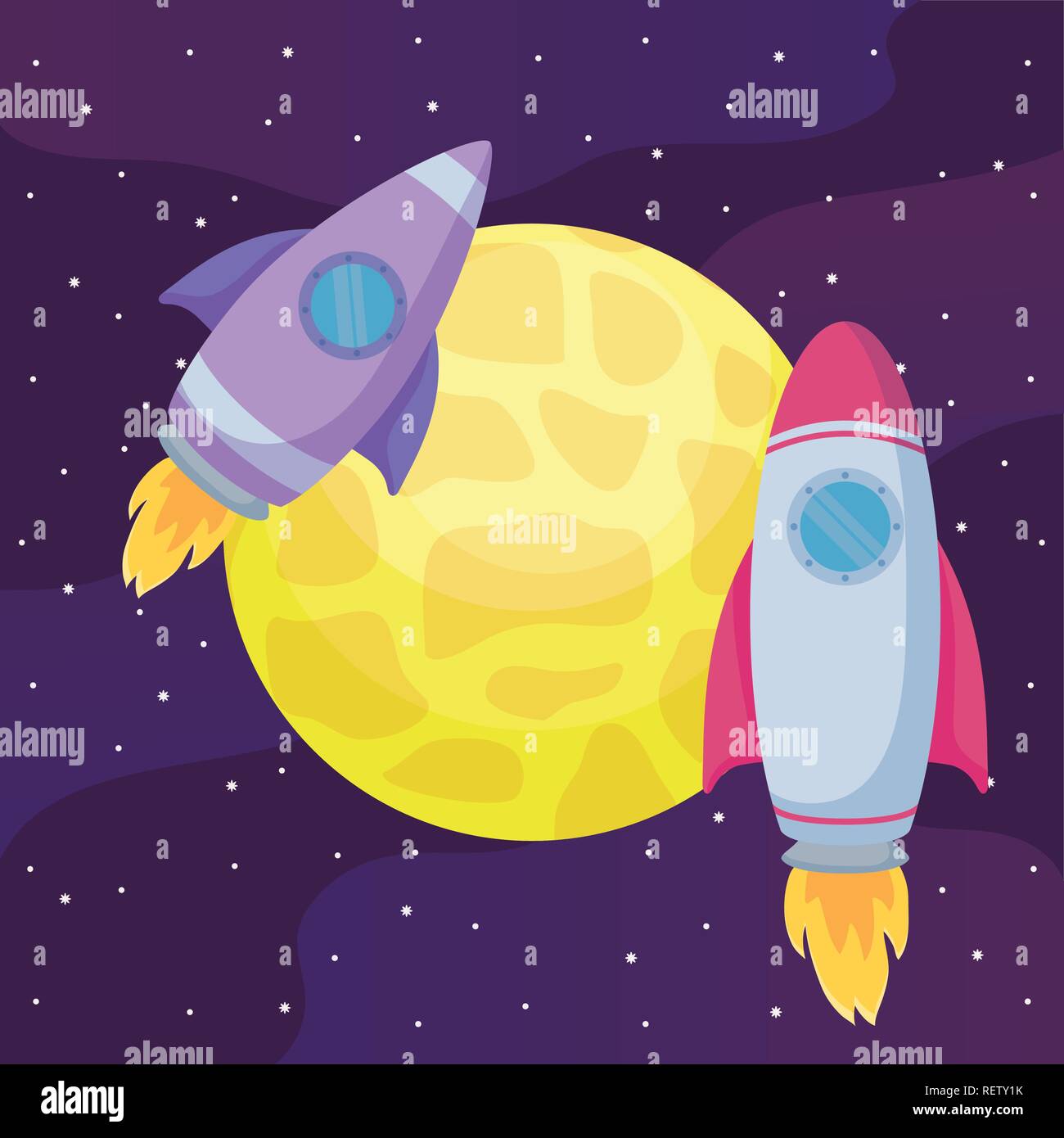 Rocket spaceships around a planet over space background, colorful ...
